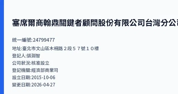 塞席爾商翰鼎關鍵者顧問股份有限公司台灣分公司的照片-統編 24799477(臺北市) 公司登記資料與營業項目詳細圖表