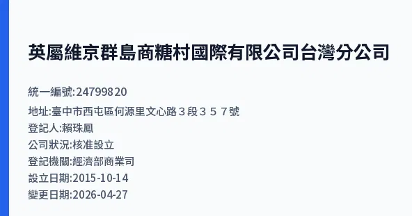 英屬維京群島商糖村國際有限公司台灣分公司的照片-統編 24799820(臺中市) 公司登記資料與營業項目詳細圖表