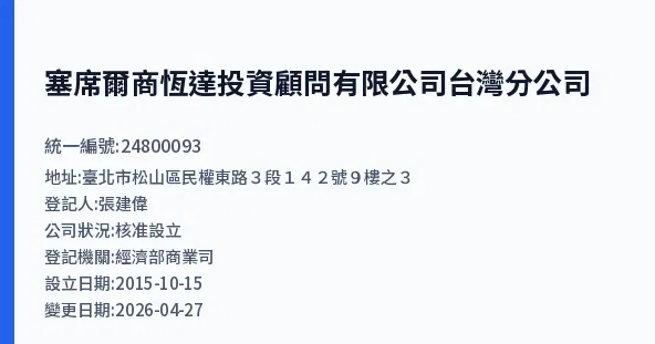 塞席爾商恆達投資顧問有限公司台灣分公司的照片-統編 24800093(臺北市) 公司登記資料與營業項目詳細圖表