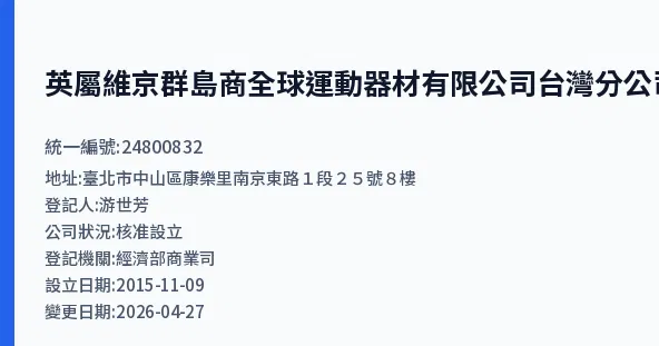 英屬維京群島商全球運動器材有限公司台灣分公司的照片-統編 24800832(臺北市) 公司登記資料與營業項目詳細圖表