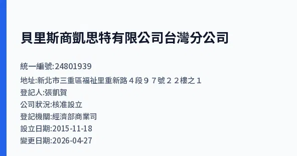 貝里斯商凱思特有限公司台灣分公司的照片-統編 24801939(新北市) 公司登記資料與營業項目詳細圖表