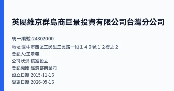 英屬維京群島商巨景投資有限公司台灣分公司的照片-統編 24802000(臺中市) 公司登記資料與營業項目詳細圖表