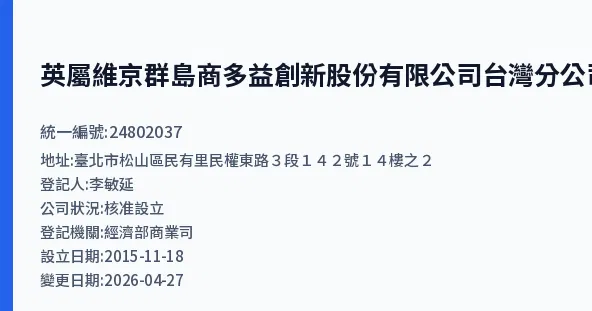 英屬維京群島商多益創新股份有限公司台灣分公司的照片-統編 24802037(臺北市) 公司登記資料與營業項目詳細圖表