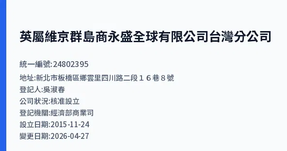 英屬維京群島商永盛全球有限公司台灣分公司的照片-統編 24802395(新北市) 公司登記資料與營業項目詳細圖表