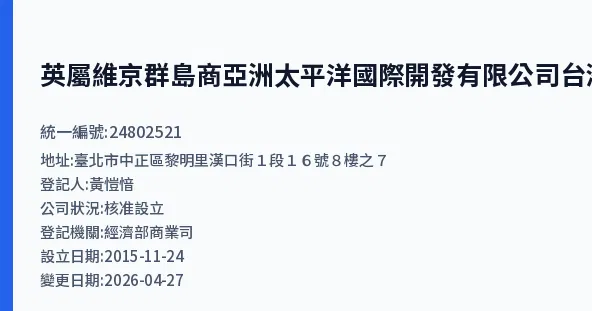 英屬維京群島商亞洲太平洋國際開發有限公司台灣分公司的照片-統編 24802521(臺北市) 公司登記資料與營業項目詳細圖表