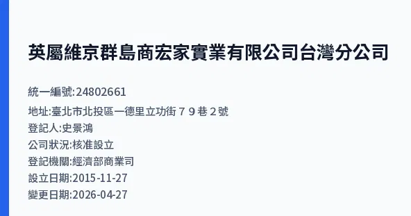 英屬維京群島商宏家實業有限公司台灣分公司的照片-統編 24802661(臺北市) 公司登記資料與營業項目詳細圖表