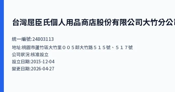 台灣屈臣氏個人用品商店股份有限公司大竹分公司的照片-統編 24803113(桃園市) 公司登記資料與營業項目詳細圖表