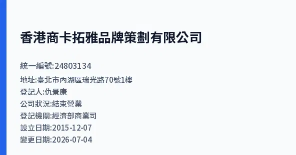 香港商卡拓雅品牌策劃有限公司的照片-統編 24803134(臺北市) 公司登記資料與營業項目詳細圖表