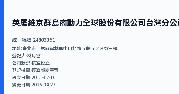 英屬維京群島商動力全球股份有限公司台灣分公司的照片-統編 24803351(臺北市) 公司登記資料與營業項目詳細圖表