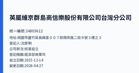 英屬維京群島商信樂股份有限公司台灣分公司的照片-統編 24803612(桃園市) 公司登記資料與營業項目詳細圖表