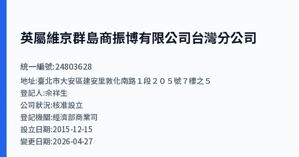 英屬維京群島商振博有限公司台灣分公司的照片-統編 24803628(臺北市) 公司登記資料與營業項目詳細圖表