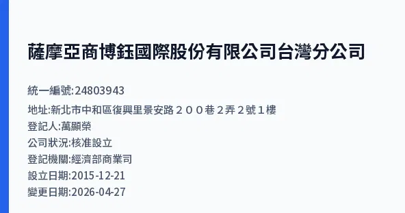 薩摩亞商博鈺國際股份有限公司台灣分公司的照片-統編 24803943(新北市) 公司登記資料與營業項目詳細圖表