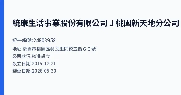 統康生活事業股份有限公司J桃園新天地分公司的照片-統編 24803958(桃園市) 公司登記資料與營業項目詳細圖表