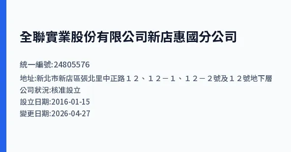 全聯實業股份有限公司新店惠國分公司的照片-統編 24805576(新北市) 公司登記資料與營業項目詳細圖表