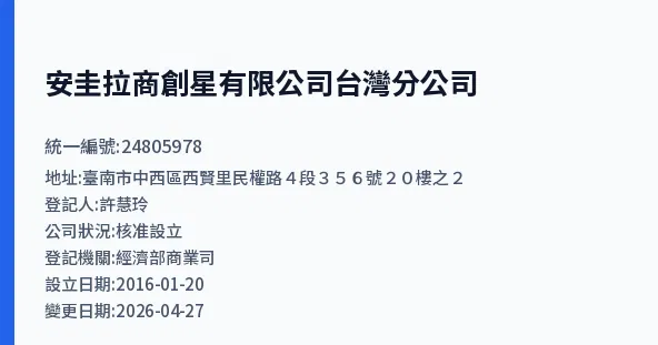 安圭拉商創星有限公司台灣分公司的照片-統編 24805978(臺南市) 公司登記資料與營業項目詳細圖表