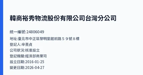 韓商裕秀物流股份有限公司台灣分公司的照片-統編 24806049(臺北市) 公司登記資料與營業項目詳細圖表