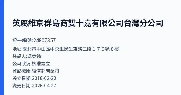 英屬維京群島商雙十嘉有限公司台灣分公司的照片-統編 24807357(臺北市) 公司登記資料與營業項目詳細圖表
