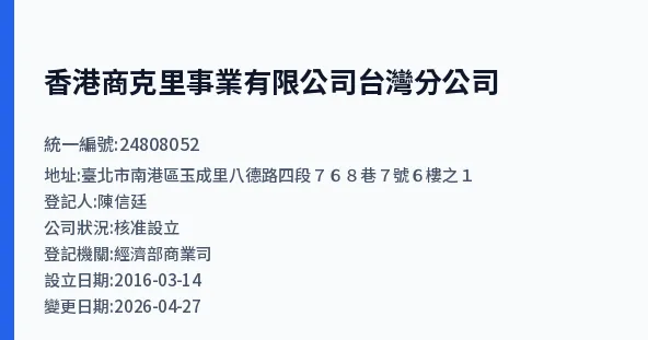 香港商克里事業有限公司台灣分公司的照片-統編 24808052(臺北市) 公司登記資料與營業項目詳細圖表