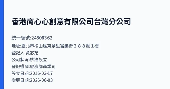 香港商心心創意有限公司台灣分公司的照片-統編 24808362(臺北市) 公司登記資料與營業項目詳細圖表