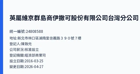 英屬維京群島商伊撒可股份有限公司台灣分公司的照片-統編 24808588(新北市) 公司登記資料與營業項目詳細圖表