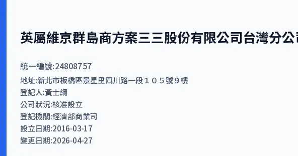 英屬維京群島商方案三三股份有限公司台灣分公司的照片-統編 24808757(新北市) 公司登記資料與營業項目詳細圖表