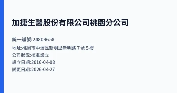 加捷生醫股份有限公司桃園分公司的照片-統編 24809658(桃園市) 公司登記資料與營業項目詳細圖表