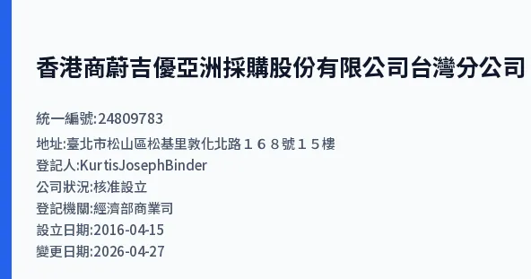 香港商蔚吉優亞洲採購股份有限公司台灣分公司的照片-統編 24809783(臺北市) 公司登記資料與營業項目詳細圖表