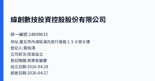 緯創數技投資控股股份有限公司的照片-統編 24809833(臺北市) 公司登記資料與營業項目詳細圖表