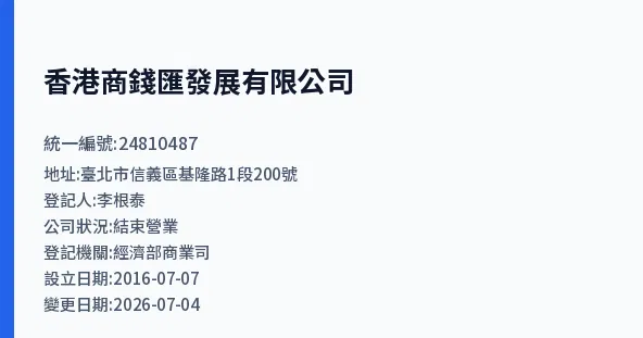 香港商錢匯發展有限公司的照片-統編 24810487(臺北市) 公司登記資料與營業項目詳細圖表