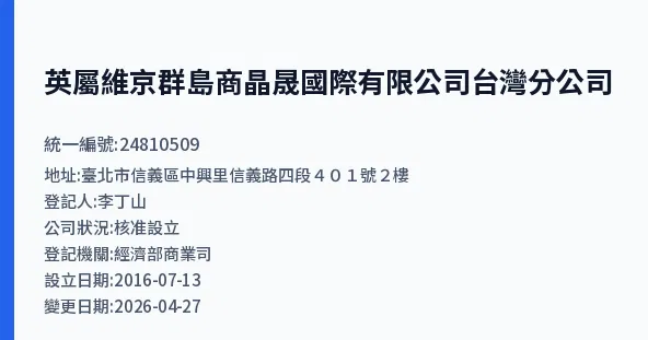英屬維京群島商晶晟國際有限公司台灣分公司的照片-統編 24810509(臺北市) 公司登記資料與營業項目詳細圖表