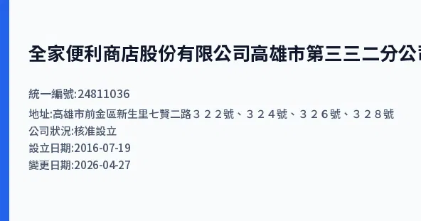 全家便利商店股份有限公司高雄市第三三二分公司的照片-統編 24811036(高雄市) 公司登記資料與營業項目詳細圖表