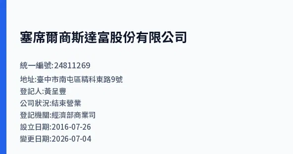 塞席爾商斯達富股份有限公司的照片-統編 24811269(臺中市) 公司登記資料與營業項目詳細圖表