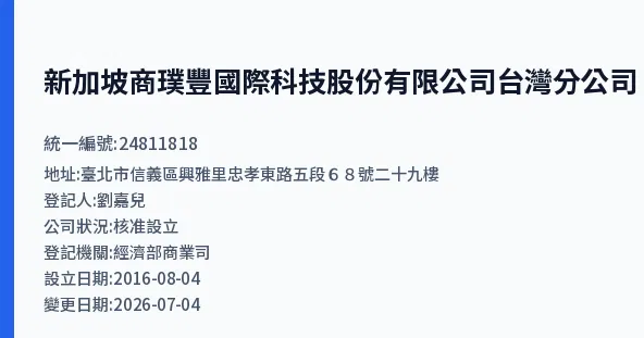 新加坡商璞豐國際科技股份有限公司台灣分公司的照片-統編 24811818(臺北市) 公司登記資料與營業項目詳細圖表