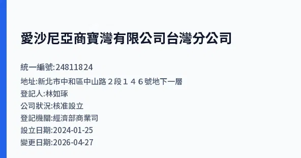愛沙尼亞商寶灣有限公司台灣分公司的照片-統編 24811824(新北市) 公司登記資料與營業項目詳細圖表