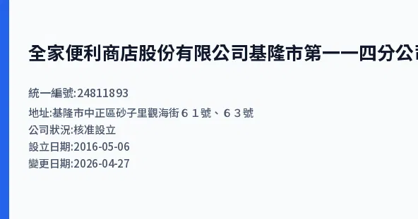 全家便利商店股份有限公司基隆市第一一四分公司的照片-統編 24811893(基隆市) 公司登記資料與營業項目詳細圖表