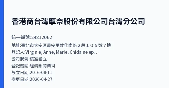 香港商台灣摩奈股份有限公司台灣分公司的照片-統編 24812062(臺北市) 公司登記資料與營業項目詳細圖表