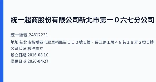 統一超商股份有限公司新北市第一0六七分公司的照片-統編 24812231(新北市) 公司登記資料與營業項目詳細圖表