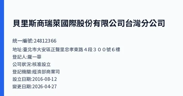 貝里斯商瑞萊國際股份有限公司台灣分公司的照片-統編 24812366(臺北市) 公司登記資料與營業項目詳細圖表