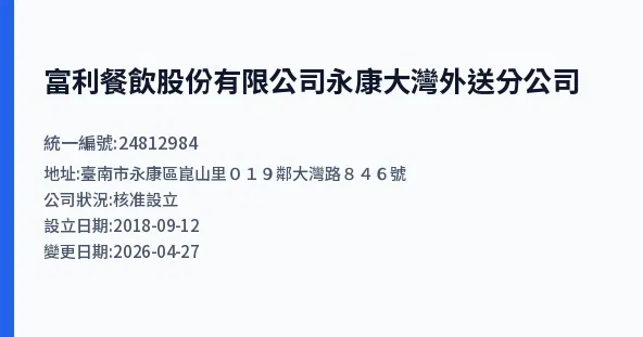 富利餐飲股份有限公司永康大灣外送分公司的照片-統編 24812984(臺南市) 公司登記資料與營業項目詳細圖表