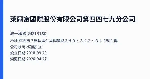 萊爾富國際股份有限公司第四四七九分公司的照片-統編 24813180(桃園市) 公司登記資料與營業項目詳細圖表