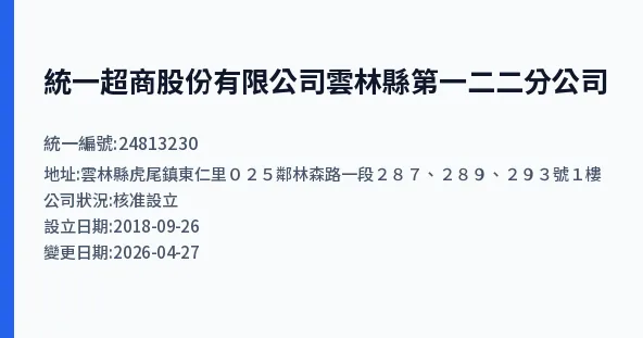 統一超商股份有限公司雲林縣第一二二分公司的照片-統編 24813230(雲林縣) 公司登記資料與營業項目詳細圖表