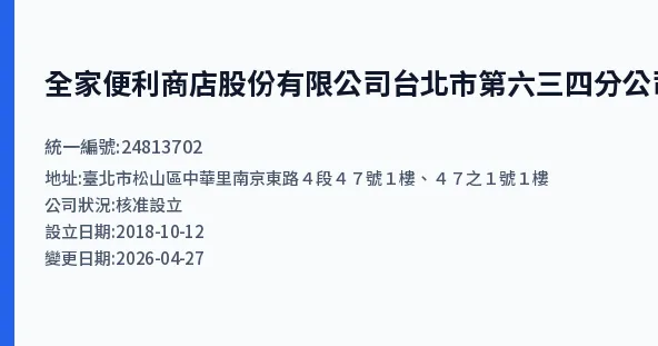 全家便利商店股份有限公司台北市第六三四分公司的照片-統編 24813702(臺北市) 公司登記資料與營業項目詳細圖表
