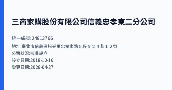 三商家購股份有限公司信義忠孝東二分公司的照片-統編 24813766(臺北市) 公司登記資料與營業項目詳細圖表