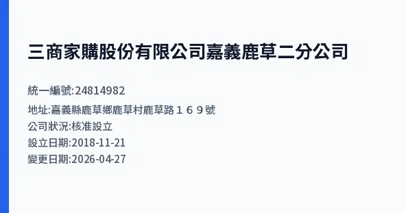三商家購股份有限公司嘉義鹿草二分公司的照片-統編 24814982(嘉義縣) 公司登記資料與營業項目詳細圖表
