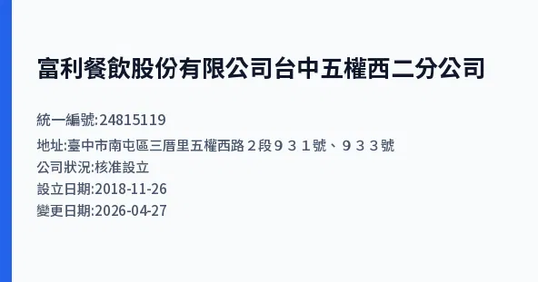 富利餐飲股份有限公司台中五權西二分公司的照片-統編 24815119(臺中市) 公司登記資料與營業項目詳細圖表