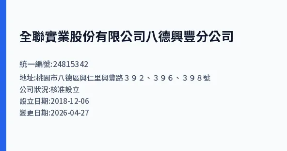 全聯實業股份有限公司八德興豐分公司的照片-統編 24815342(桃園市) 公司登記資料與營業項目詳細圖表