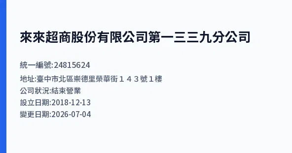 來來超商股份有限公司第一三三九分公司的照片-統編 24815624(臺中市) 公司登記資料與營業項目詳細圖表