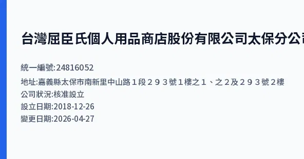 台灣屈臣氏個人用品商店股份有限公司太保分公司的照片-統編 24816052(嘉義縣) 公司登記資料與營業項目詳細圖表