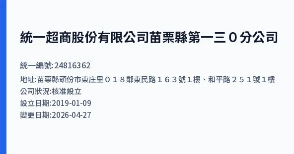 統一超商股份有限公司苗栗縣第一三0分公司的照片-統編 24816362(苗栗縣) 公司登記資料與營業項目詳細圖表