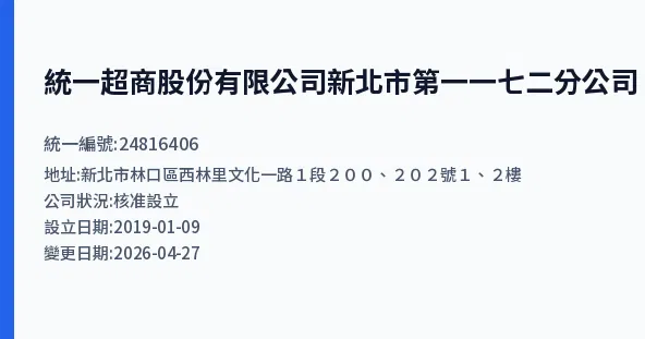 統一超商股份有限公司新北市第一一七二分公司的照片-統編 24816406(新北市) 公司登記資料與營業項目詳細圖表
